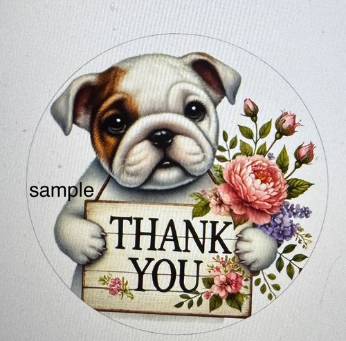 THANK YOU BULL DOG FLORAL ROUND LABELS STICKERS SEALS FLOWERS PARTY ...