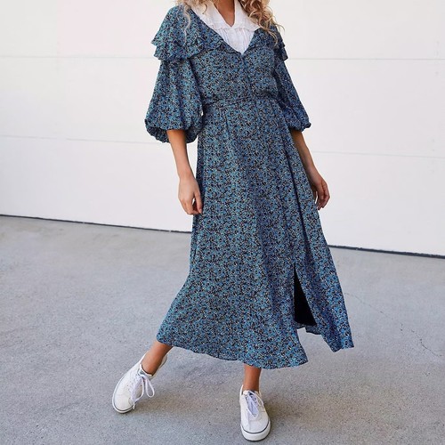 NWT Free People Float On A Sunbeam Boho Midi Dress in Blue Floral Small ...