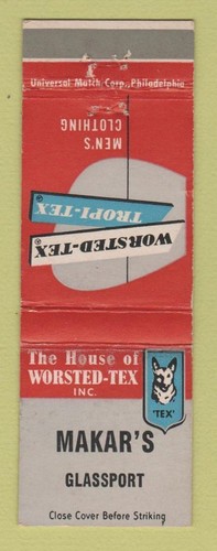Matchbook Cover - Worested Tep Men's Clothes Makar's Glassport PA WEAR ...