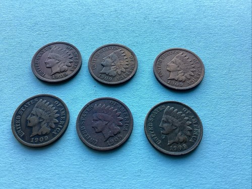 Lot Of (6) Indian Head Cents/Pennies All Discolored 3 Very Good, 2 Fine ...