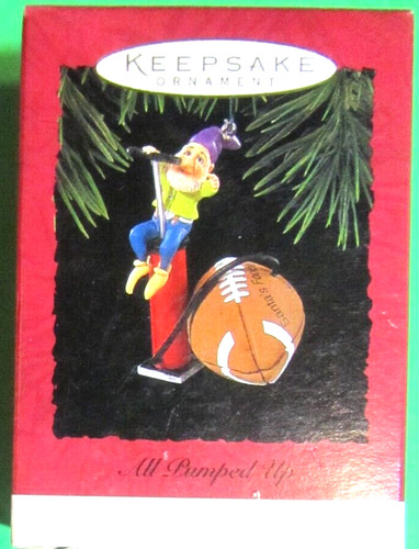 1994 HALLMARK ALL PUMPED UP FOOTBALL ELF MAN CAVE CHRISTMAS ORNAMENT ...