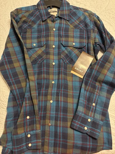 Ariat Shirt Mens Medium Blue Green Plaid Halstead Retro Snap Long ...