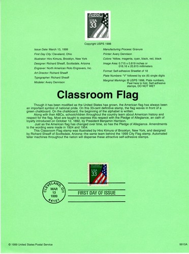 1999 USPS Souvenir 33¢ CLASSROOM FLAG #9910A w/Watermark Archival | eBay