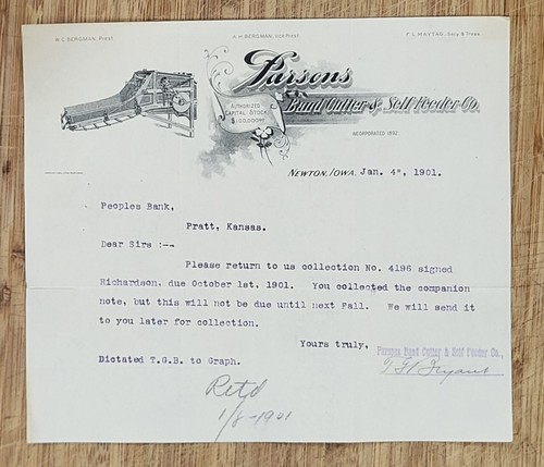 Letterhead 1901 Newton Iowa Parsons Band Cutter Farm Self Feeder ...