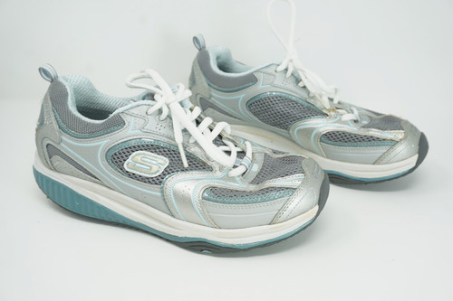 Skechers Shape Ups Womens White Blue Silver Walking Sneakers Shoes Size ...