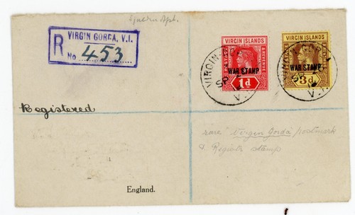 P26/03 VIRGIN ISLANDS 1918 COVER WAR STAMPS VIRGIN GORDA REGISTERED TO ...