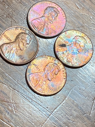 4 AWESOME RAINBOW PATINA PENNIES Lincoln Memorial Beautifully Toned ...