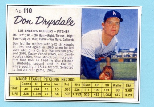 2022 - 1962 Jello Style Card - #110 Don Drysdale- Los Angeles Dodgers ...