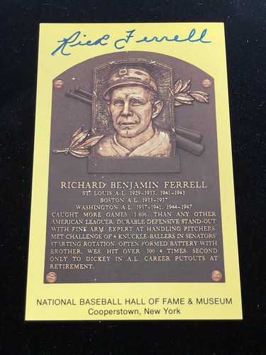 Rick Ferrell Signed Baseball Hall Of Fame Plaque Postcard JSA COA Red ...