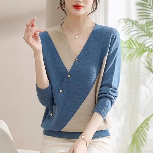 Women Knitted Bottom Shirt Pullover Sweater V-Neck Long Sleeved Top ...