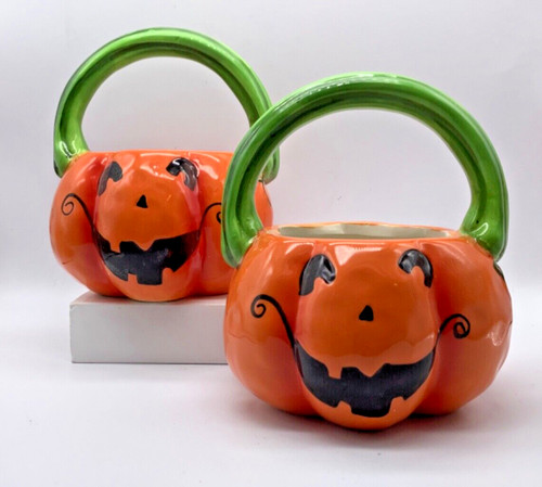 Ceramic Pumpkin Jack O Lantern Dish w/ Handle Bowl Basket Halloween ...