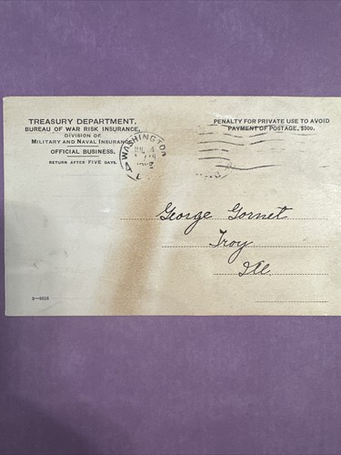Antique 1918 Treasury Department Bureau of War Risk Insurance Card USA ...