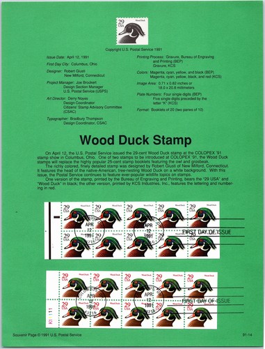 USPS SOUVENIR PAGE WOOD DUCK STAMP 29c (2) BOOKLET PANES OF (10) BLACK ...