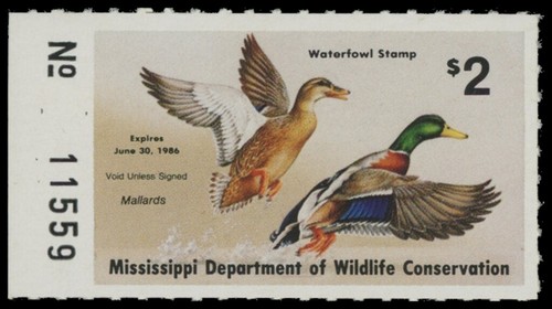 1985 Mississippi State Duck Stamp ERROR Vertical Serial Number, No ...