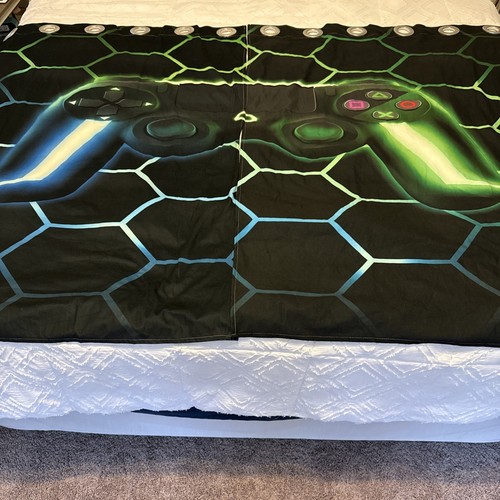 Green Blue Neon Gamer Window Curtains Honeycomb Gaming Blackout Xbox 4 ...