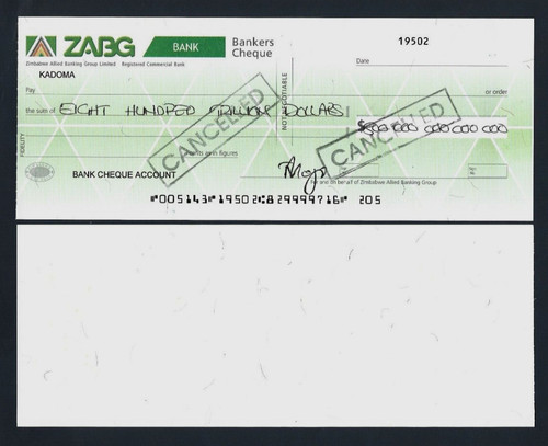 800,000,000,000,000 TRILLION DOLLARS Zimbabwe 2008 BANK GUARANTEE CHECK ...
