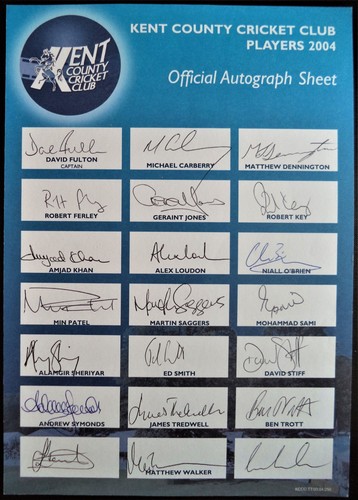 KENT COUNTY CRICKET CLUB 2004 OFFICIAL INK SIGNED AUTOGRAPH TEAM SHEET ...