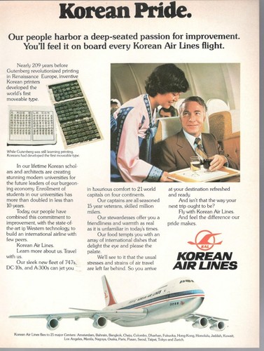 Kal Korean Airlines Air Lines Advertising 1 Page 1978 Original Pride 1A ...