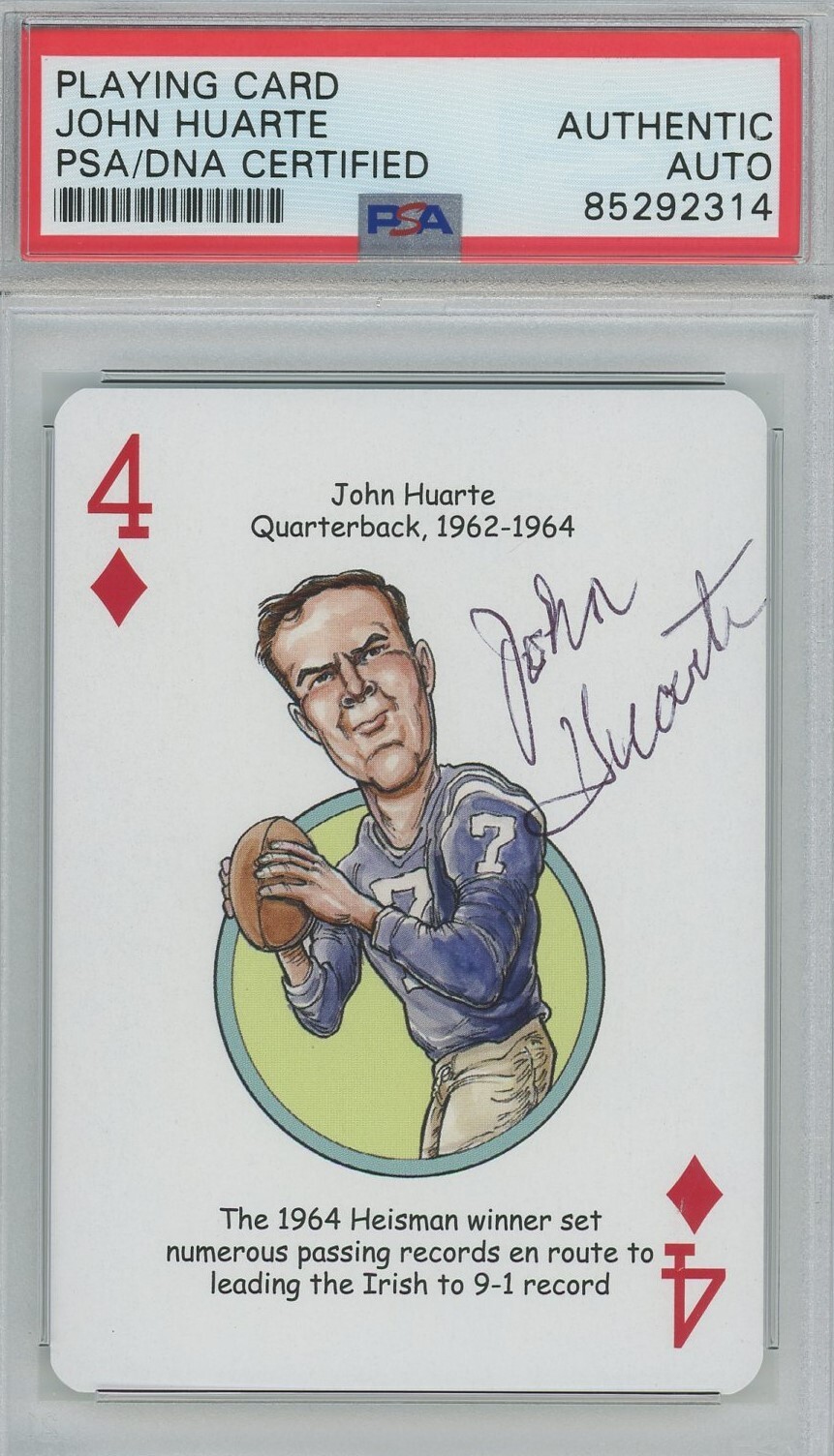 John Huarte Autographed Signed Notre Dame Hero Decks Playing Card PSA ...