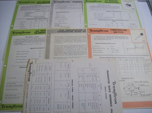Lot of 7 TRANSITRON DATA SHEETS, Transistors, Switches, Diodes ...