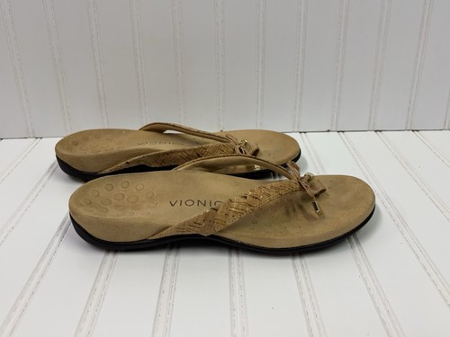 Vionic Bella II TVW1115 2 Women's 9 Brown Leather Slip On Flip Flop Thong Sandal