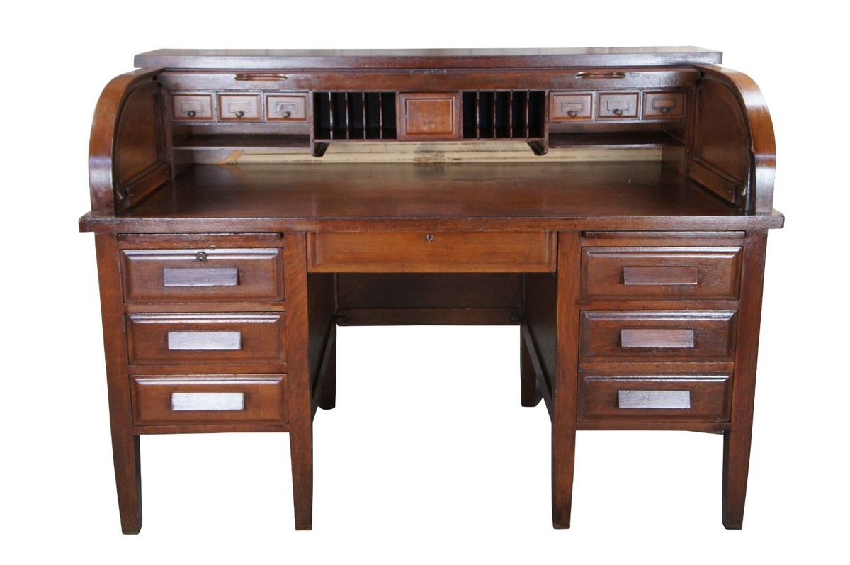 N5709 Oak Roll Top Computer Desk Mid Century Modern Roll Top Secretary