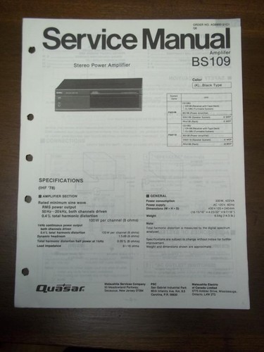Quasar Service Manual for Model BS109 Power Amplifier | eBay