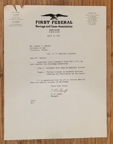 Letterhead 1947 Oregon Corvallis First Federal Savings and Loan ...