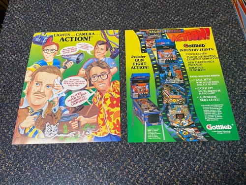 2 GOTTLIEB FACTORY ORIGINAL 1990 LIGHTS CAMERA ACTION PINBALL PROMO ...