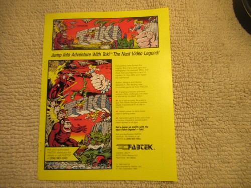 ORIGINAL 1990 ad 11- 8.5'' toki fabtek ARCADE VIDEO GAME FLYER | eBay