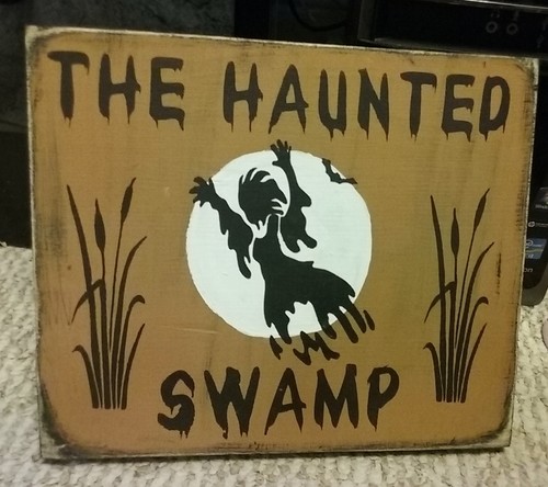 Primitive Halloween Sign THE HAUNTED SWAMP Cattails bat Swamp Thing ...