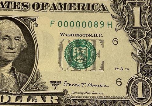 2017 A $1 LOW 2 DIGIT SERIAL NUMBER (( 000000 89 )) US paper money ...