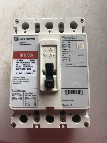 Cutler Hammer Industrial Circuit Breaker - HFD3020 - 3P/20A HFD 65K ...