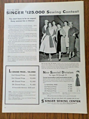 1958 Vintage Singer Sewing Machine Contest Ad $125,000 Sewing Contest ...