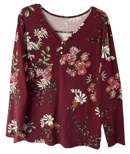 Anixay 2XL Top Burgundy Floral Button V-Neck Henley Stretch Knit Long ...
