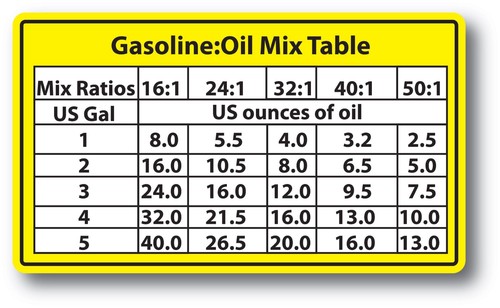 Mix Ratios Chart 2-Cycle Oil Fuel Mix Ratio Sticker Decal Chain Saw ...