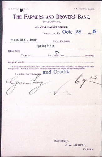 1895 The Farmers and Drovers Bank Louisville KY J.W. Nichols Cashier ...