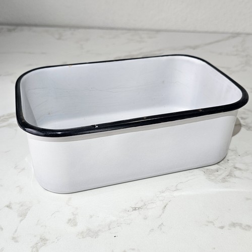 Vintage White Enamel Rectangle Loaf Pan Black Rim Refrigerator Storage ...