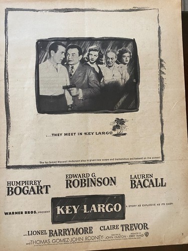 Key Largo, Humphrey Bogart, Lauren Bacall, Full Page Vintage ...