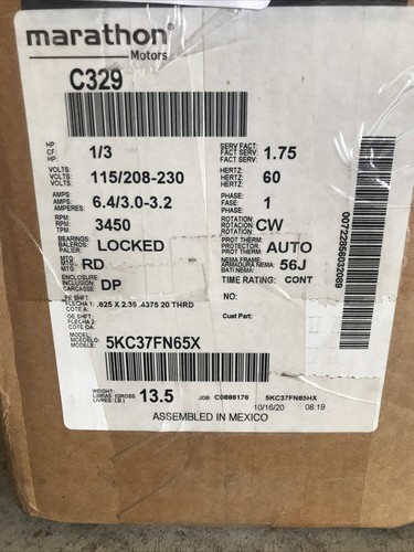MARATHON MOTORS C329 General Purpose Motor 1/3HP 3450 RPM 115/208-230V ...