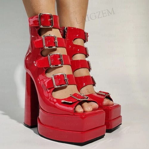 Women Pumps Platform Shiny Open Toe High Heels Side Zip Up Sandals ...