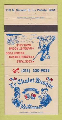Matchbook Cover - Le Chalet Basque Restaurant La Puente CA 30 Strike | eBay