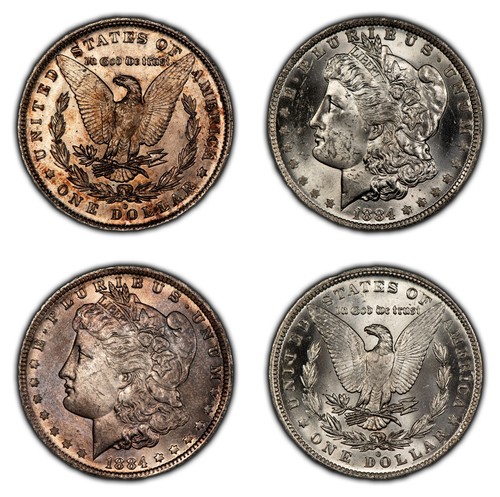 2-Coin 1884-O $1 Morgan Silver Dollars - End Roll Violet Pastel Toning ...