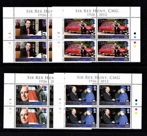 FALKLAND ISLANDS 2013 SIR REX HUNT SG.1260/63 SET IN PLATE BLOCKS OF 4 ...