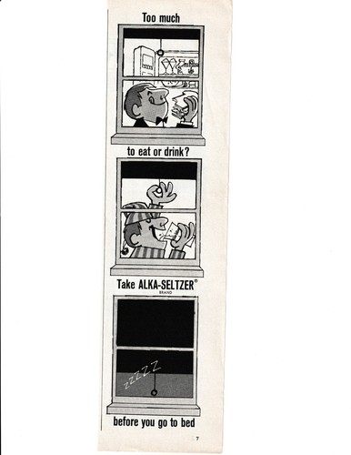 Alka Seltzer Print Ad 1963 Cartoon Man Eating Taking Seltzer Sleeping ...