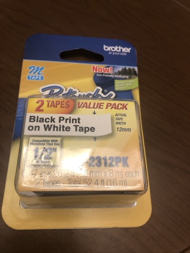 Brother P-Touch DOUBLE PACK M-Tape 1/2 inch BLACK on WHITE M-2312PK | eBay