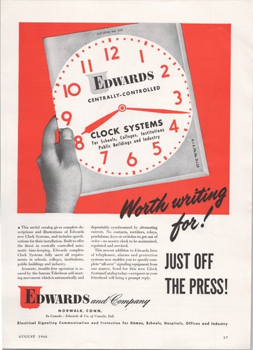 1946 Print Ad * Edwards Clock Systems Centrally Controlled Norwalk CT ...