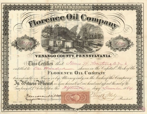 Florence Oil Co. - 1864 dated Stock Certificate - Oil Stocks and Bonds ...
