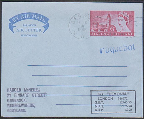 GB NORWAY 1966 MS DEVONIA ship cover, BERGEN PAQUEBOT ...