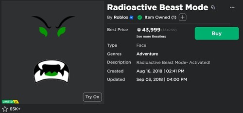 Roblox limited Radioactive Beastmode (Discounted) | eBay